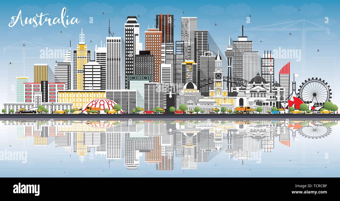 Australia City Skyline with Gray Buildings, Blue Sky and Reflections ...