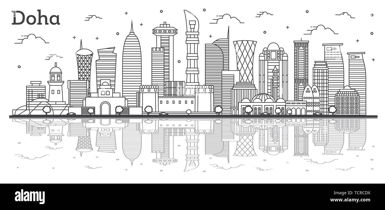 Outline Doha Qatar City Skyline with Modern Buildings and Reflections ...