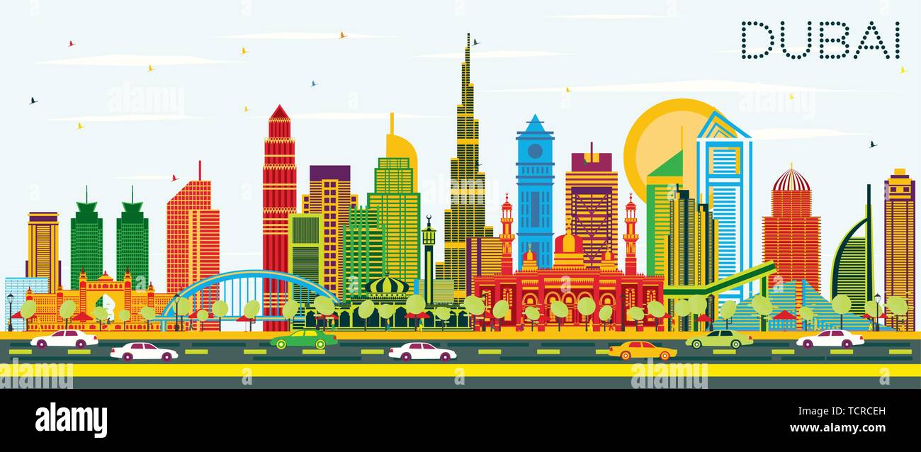 Dubai UAE City Skyline with Color Buildings and Blue Sky. Vector ...