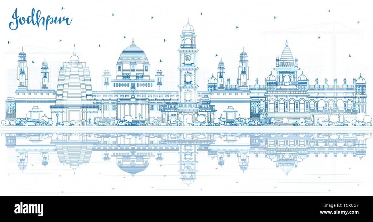 Outline Jodhpur India City Skyline with Blue Buildings and Reflections ...