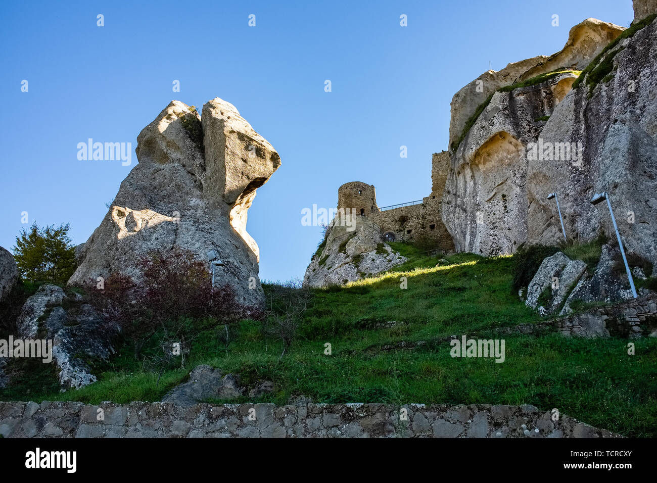 Ruins of Pietrapertosa castle. Dolomites of Basilicata mountains called ...