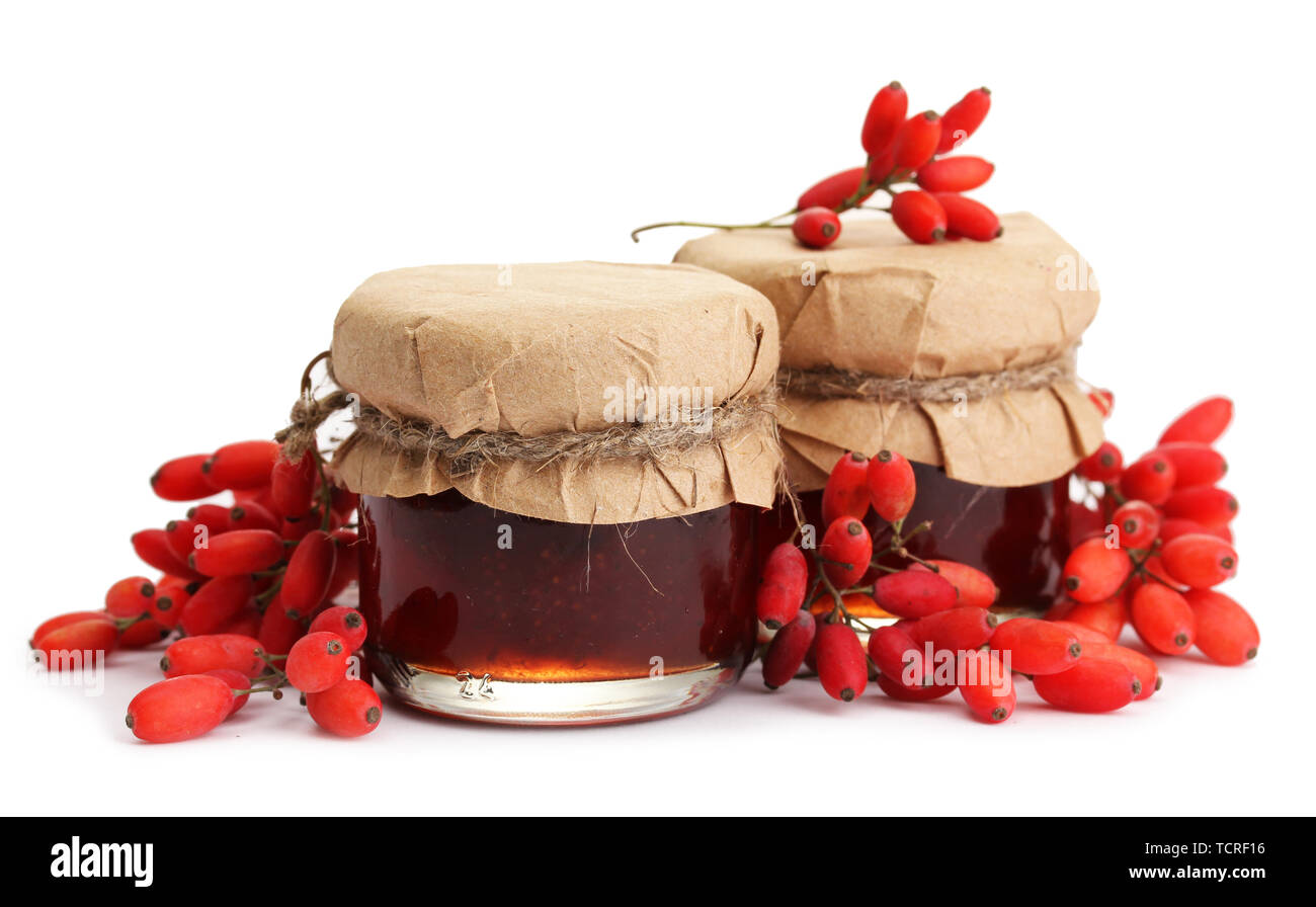 ripe barberries and jars of jam isolated white Stock Photo - Alamy