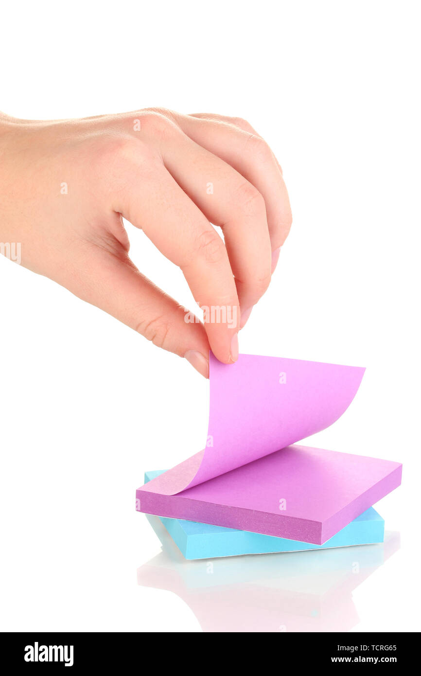 human hand holding sticker isolated on white Stock Photo - Alamy