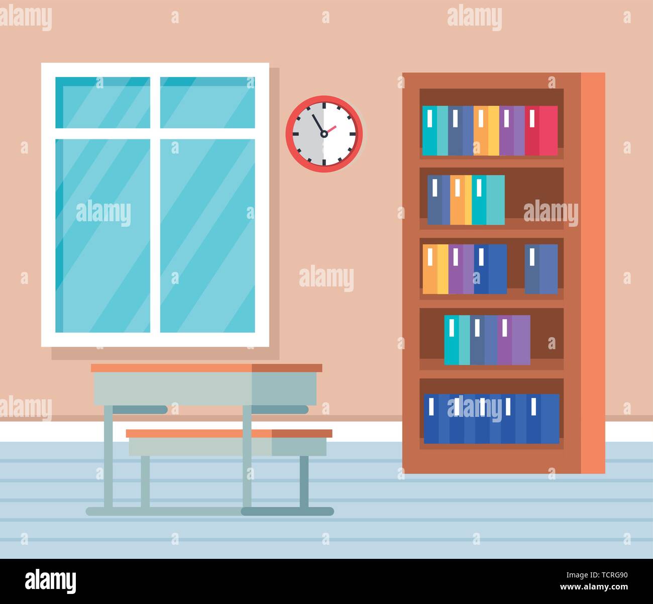 academic classroom with books inside bookcase and desk Stock Vector ...