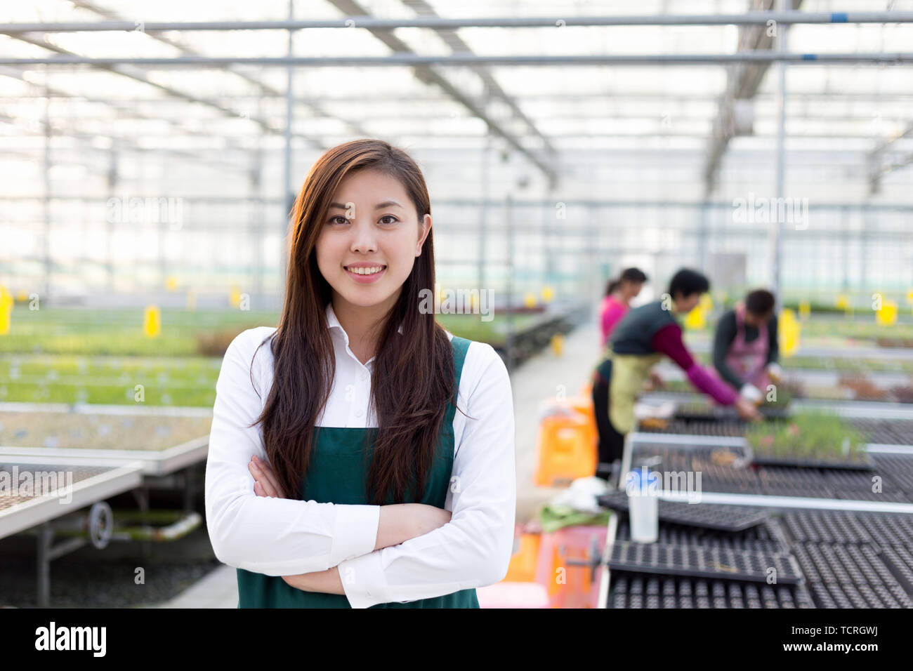 young beautiful chinese woman works in modern green house Stock Photo ...