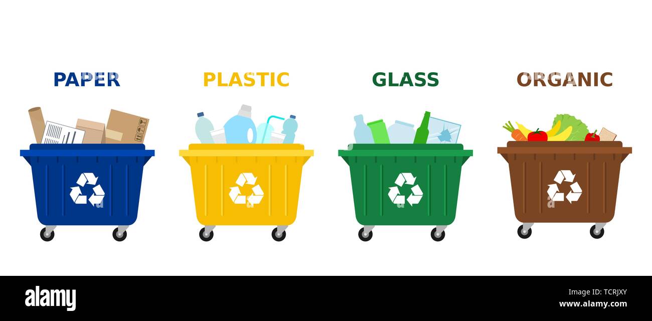 Different colored trash dumpsters with paper, plastic, glass and ...