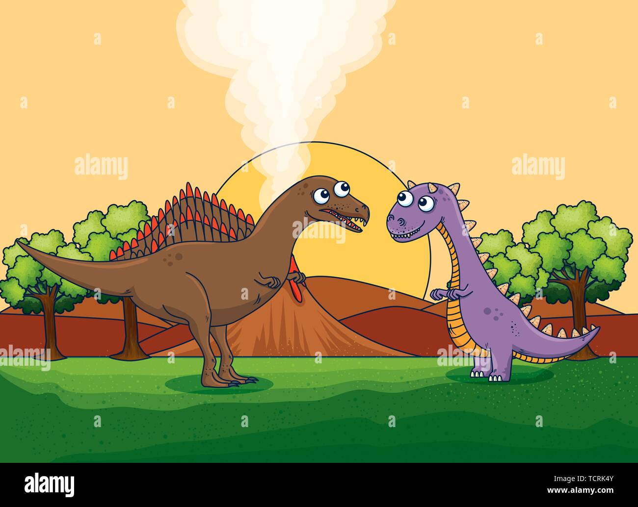 spinosaurus and carnotaurus with volcano smoke and trees Stock Vector ...