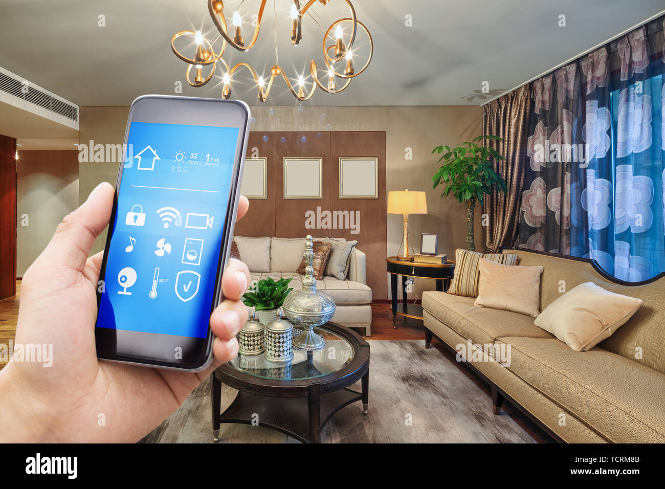 smart phone with smart home with modern living room Stock Photo - Alamy