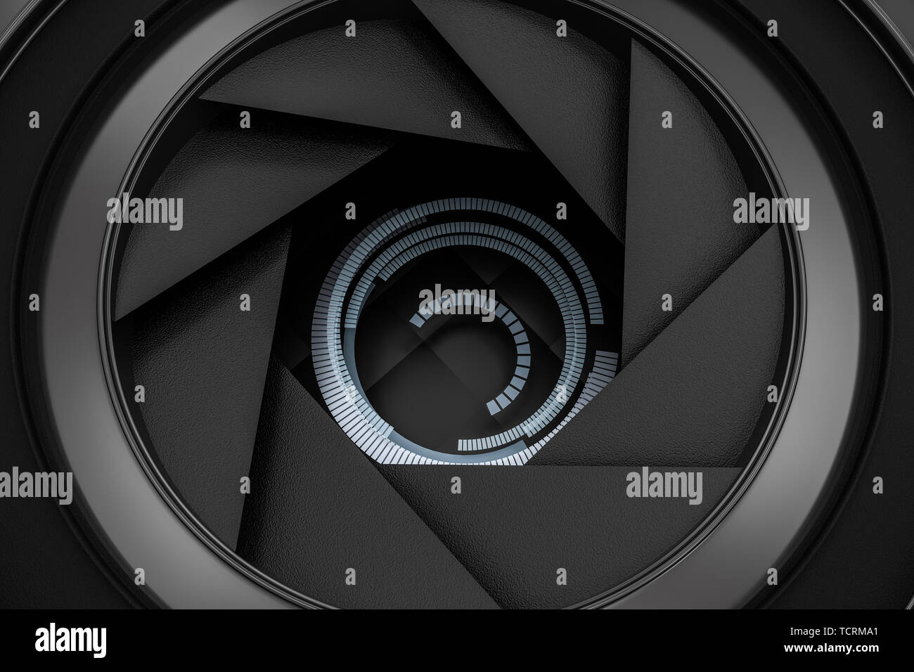 3d rendering,camera lens in a dark studio background. Computer digital ...