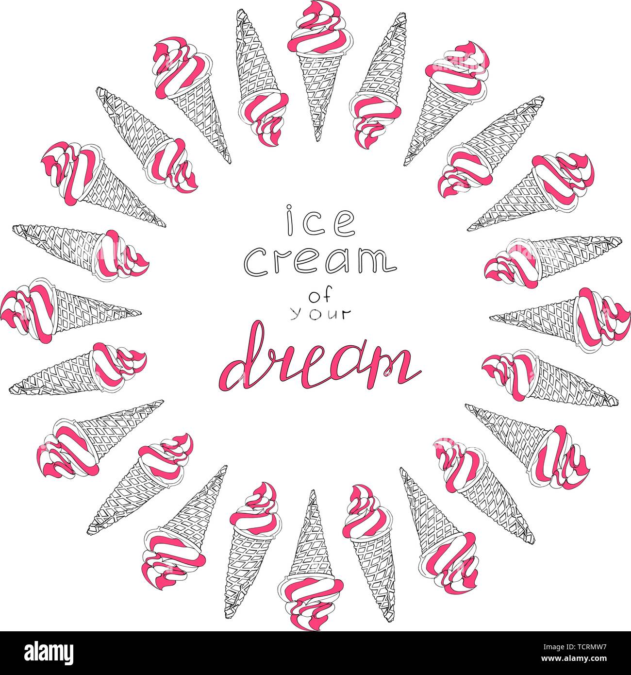 Circle made of elements. Hand drawn ice creams in waffle cones ...