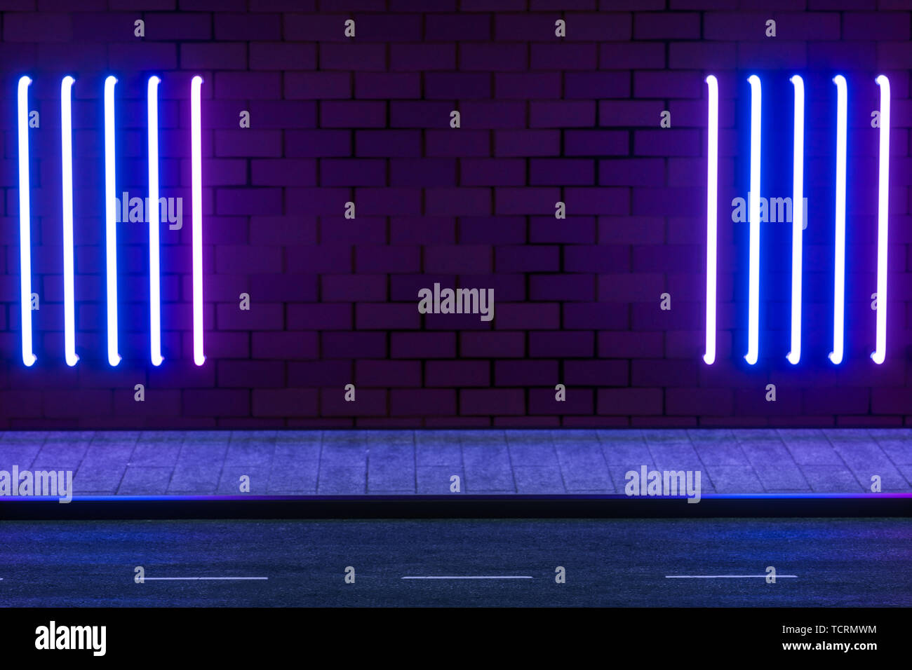 Glowing neon tube on the side of the road with vintage brick wall, 3D ...