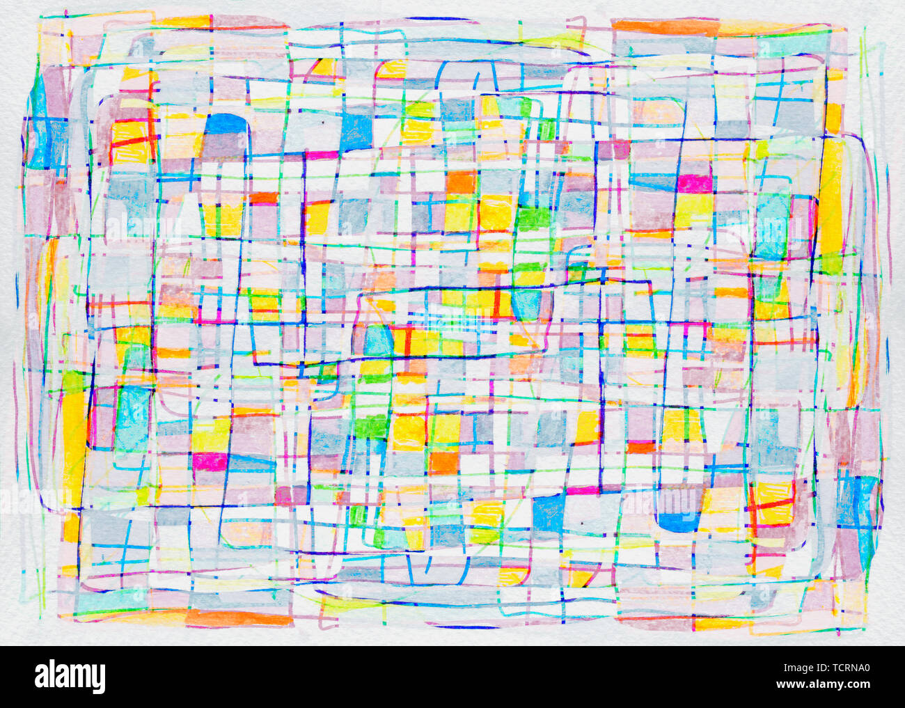 Multilayered mixed media design made with marker lines and patches ...
