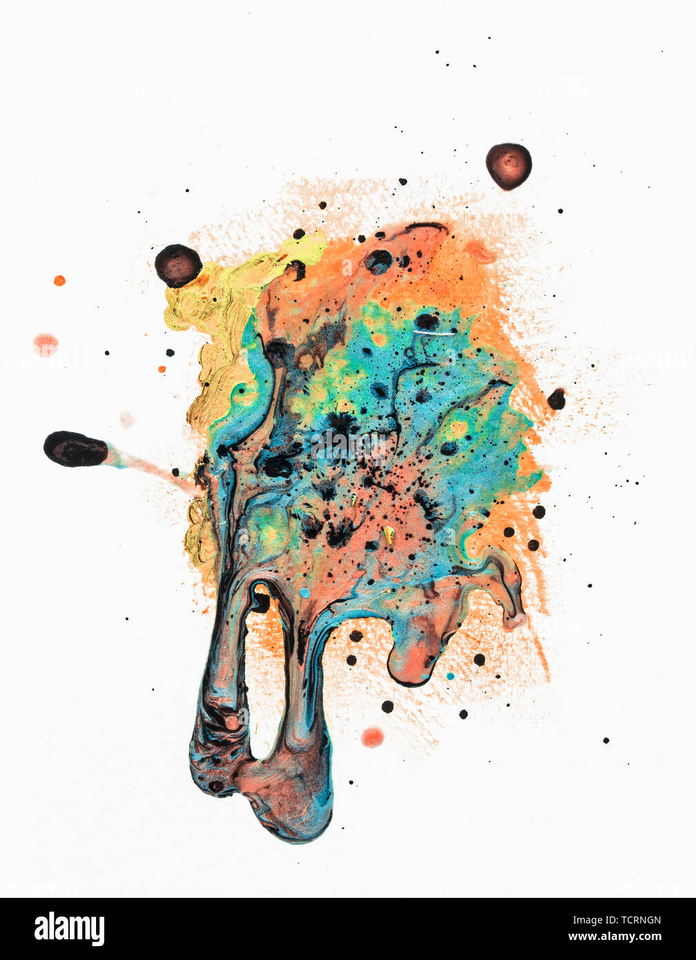 Splatter flow paint isolated on white background made with orange ...