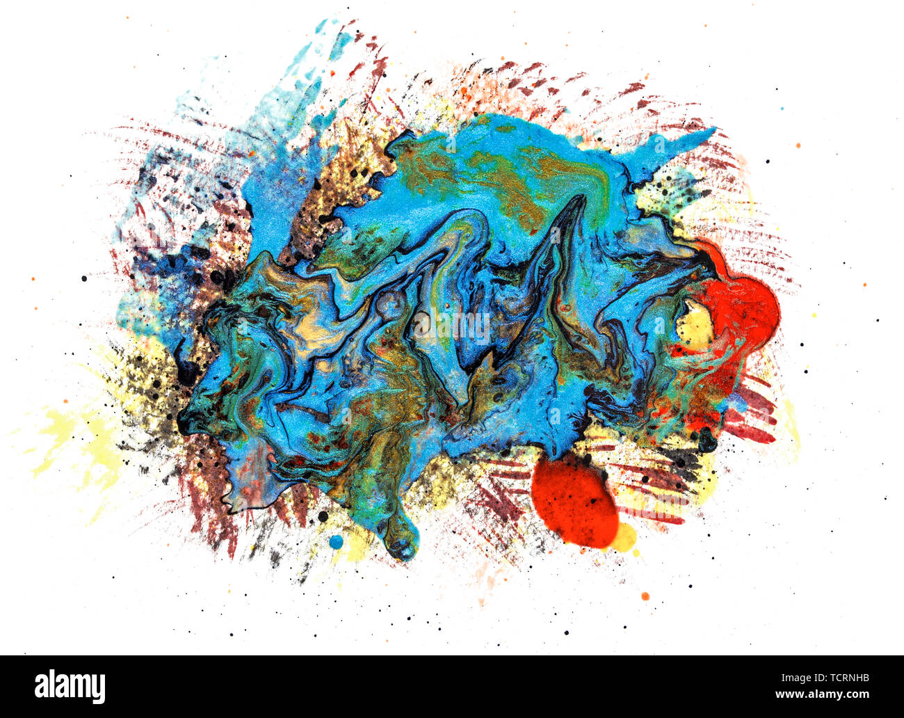 Splatter flow paint isolated on white background made with blue, yellow ...