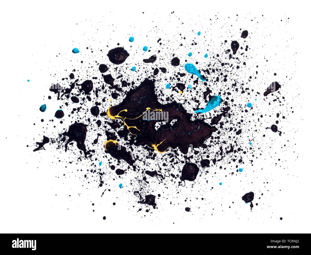 Blue and black splatter flow paint isolated on white watercolour paper ...