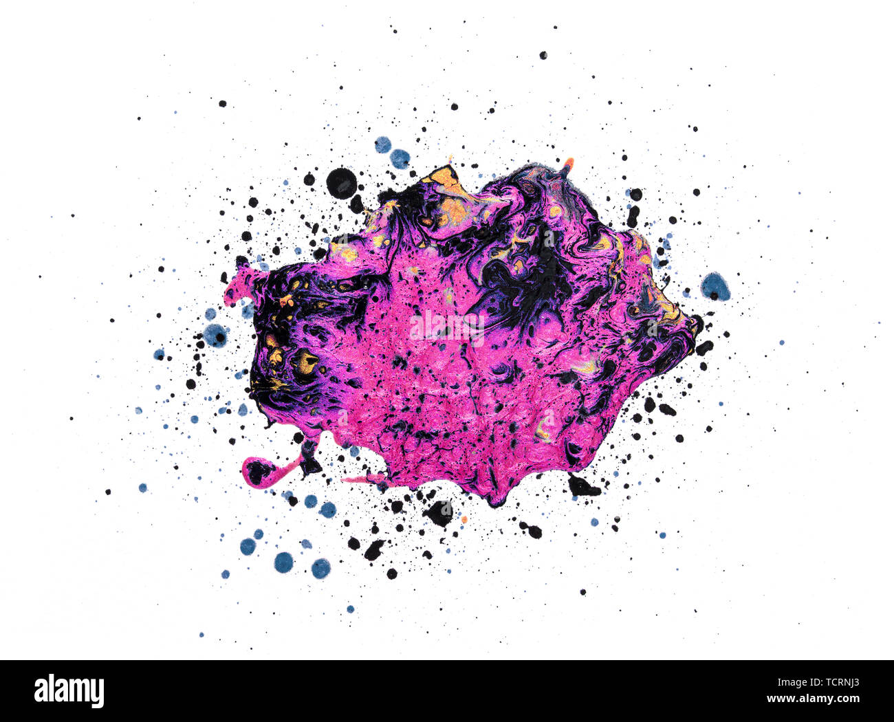 Punchy magenta, gold and black splatter flow paint isolated on white ...