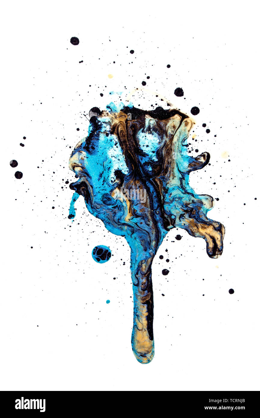 Blue, gold, and black splatter flow paint isolated on white watercolour ...