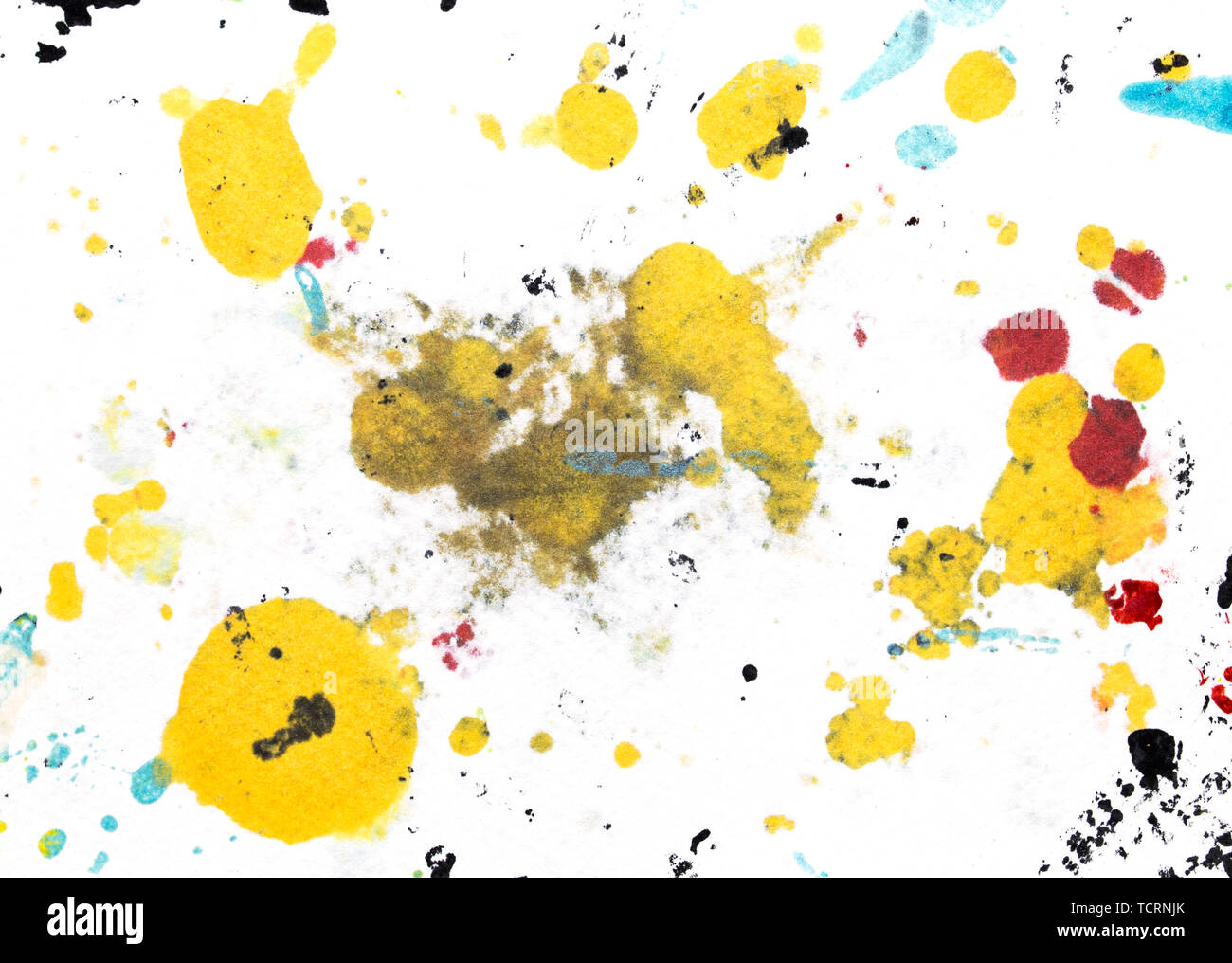 Splatter flow paint isolated on white watercolour paper background made ...