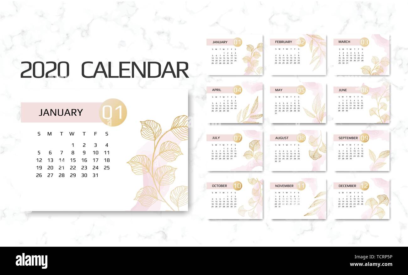 Calendar 2020 template. 12 Months. Design with Geometrical art lines ...