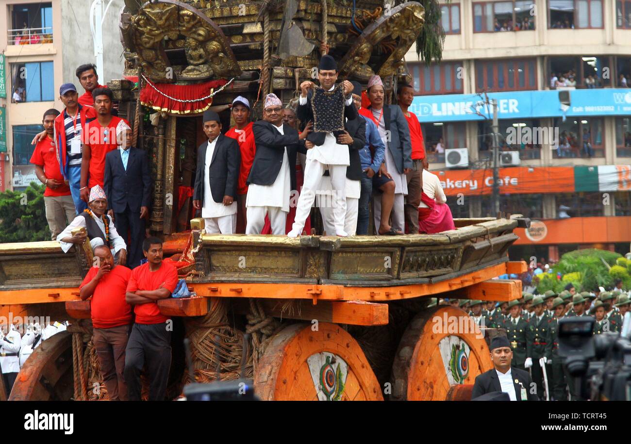 Lalitpur, Nepal. 09th June, 2019. Guthi Sansthan personnel displays ...