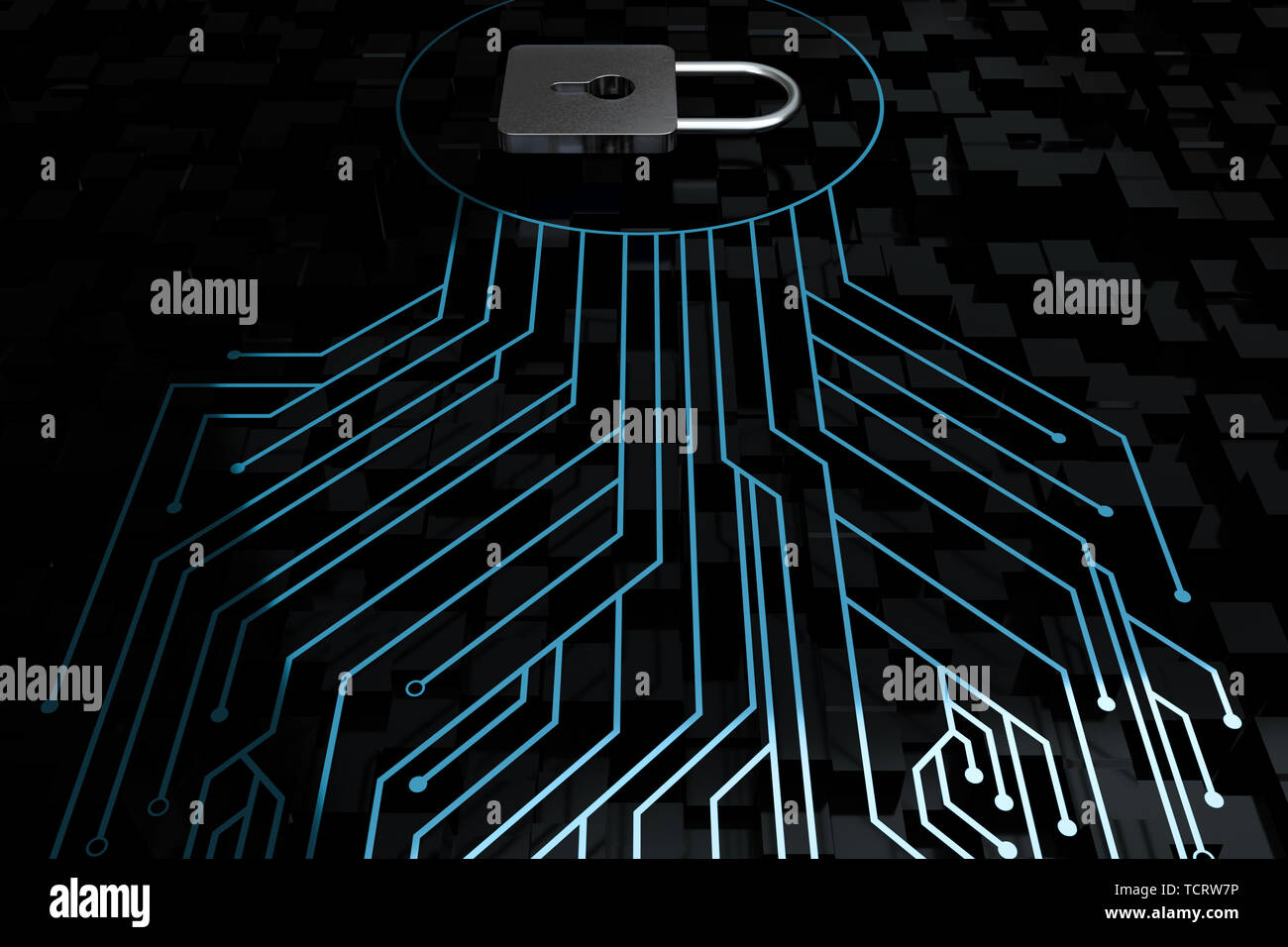 Three-dimensional rendering, metal encryption lock with tech background ...