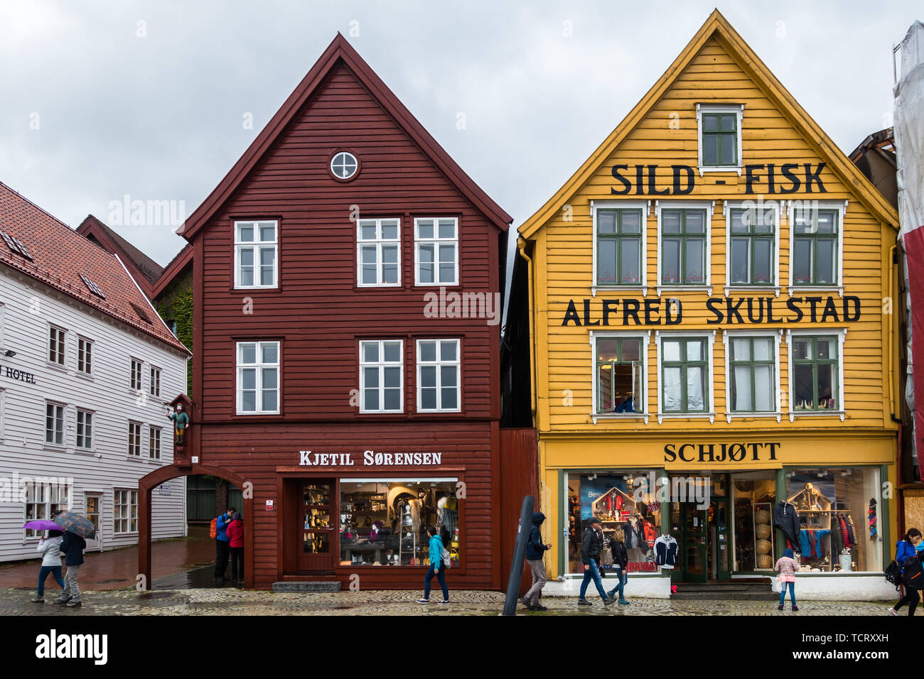 Traditional wooden buildings in Bergen, part of Bryggen historic ...