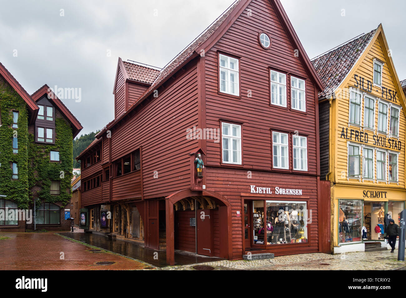 Traditional wooden buildings in Bergen, part of Bryggen historic ...