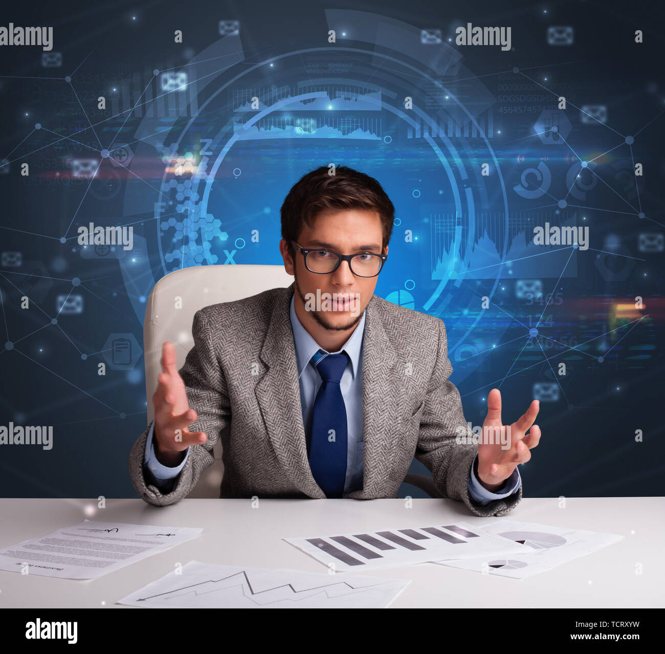 Manager in front of the office desk with connections and teamwork ...