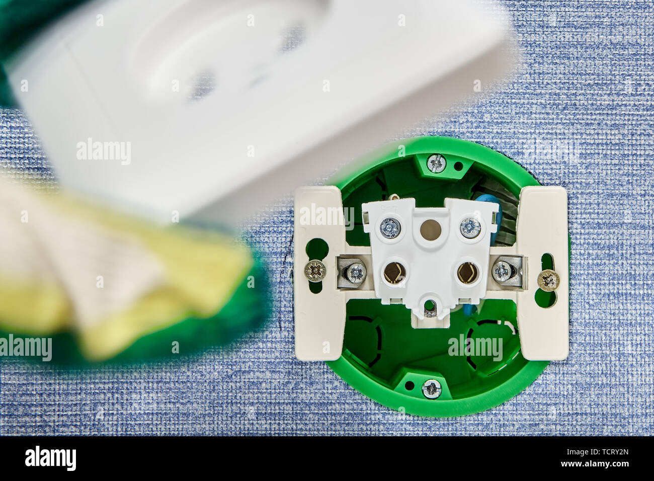 Exposed electrical power point during installation of top panel Stock ...