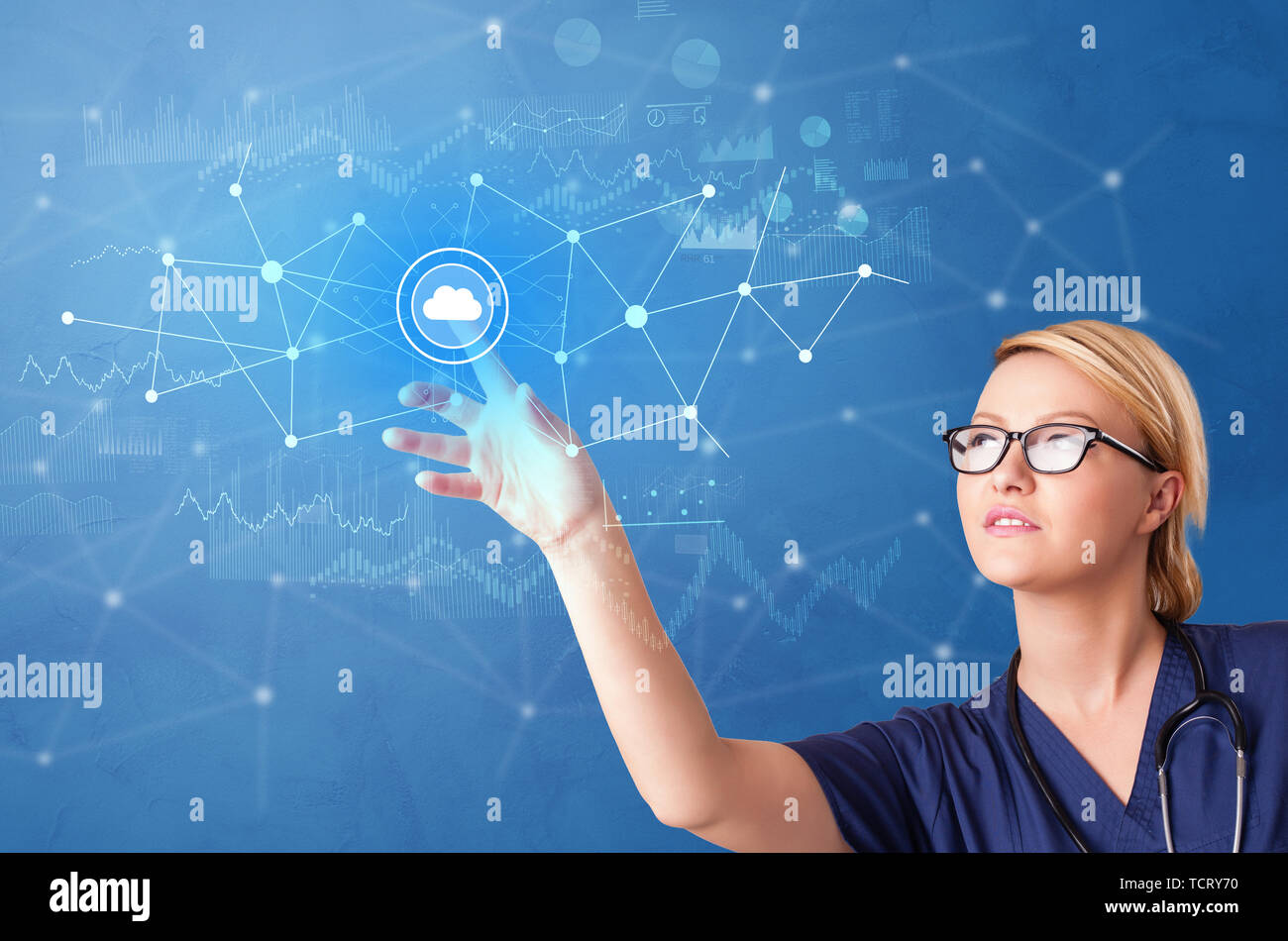 Doctor touching blue screen with virtual hospital concept Stock Photo ...