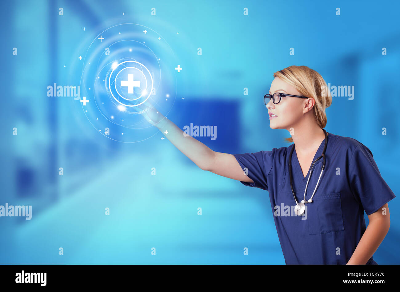 Doctor touching blue screen with call center concept Stock Photo - Alamy