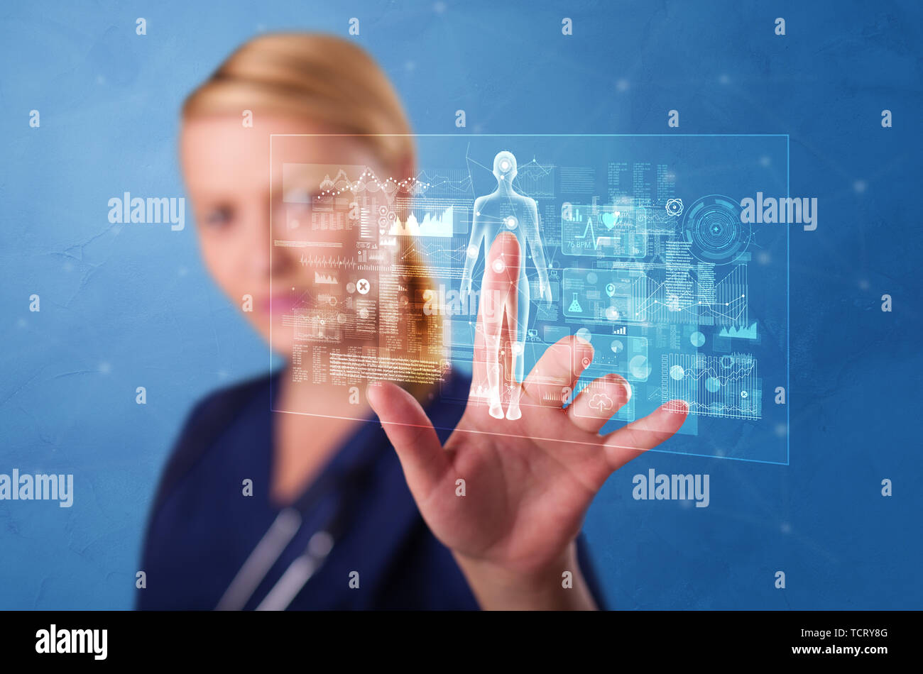 Doctor touching blue screen with full body analyze concept Stock Photo ...
