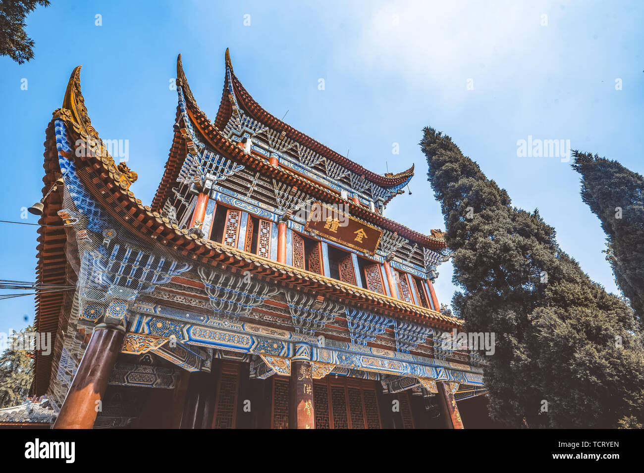 First jungle in western Sichuan: Zhaojue Temple, Clock Tower Stock ...