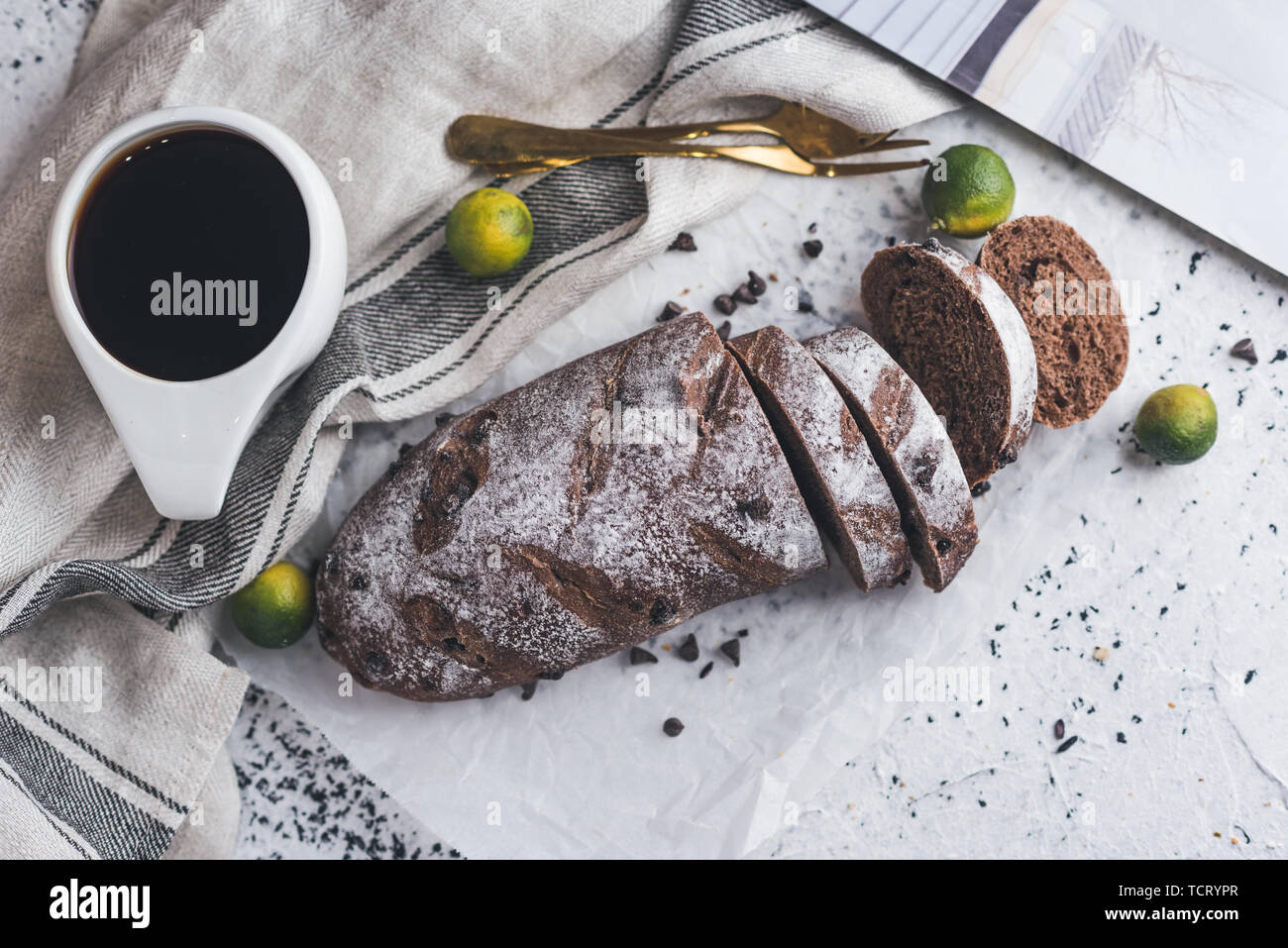 Breakfast afternoon tea, bread, milk coffee magazine Stock Photo - Alamy