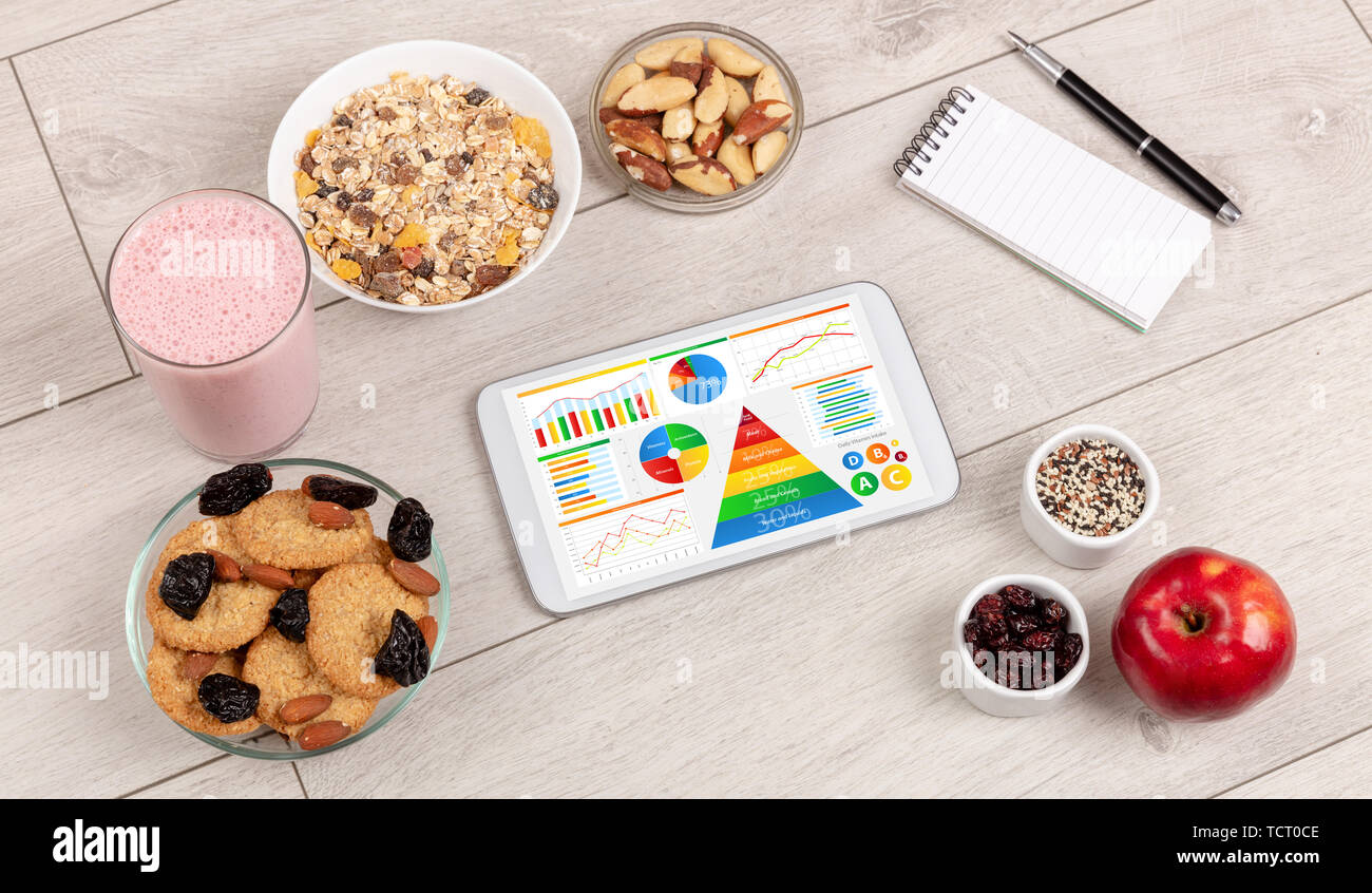 healthy eating concept - close up of tablet with several dieting ...