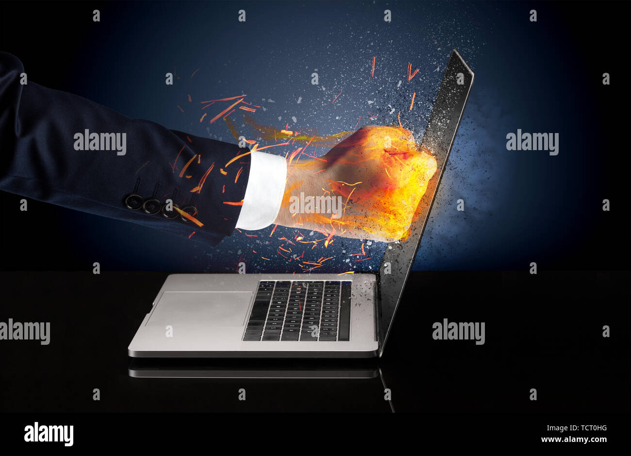 Arm hitting strongly laptop screen which breaks in little pieces Stock ...