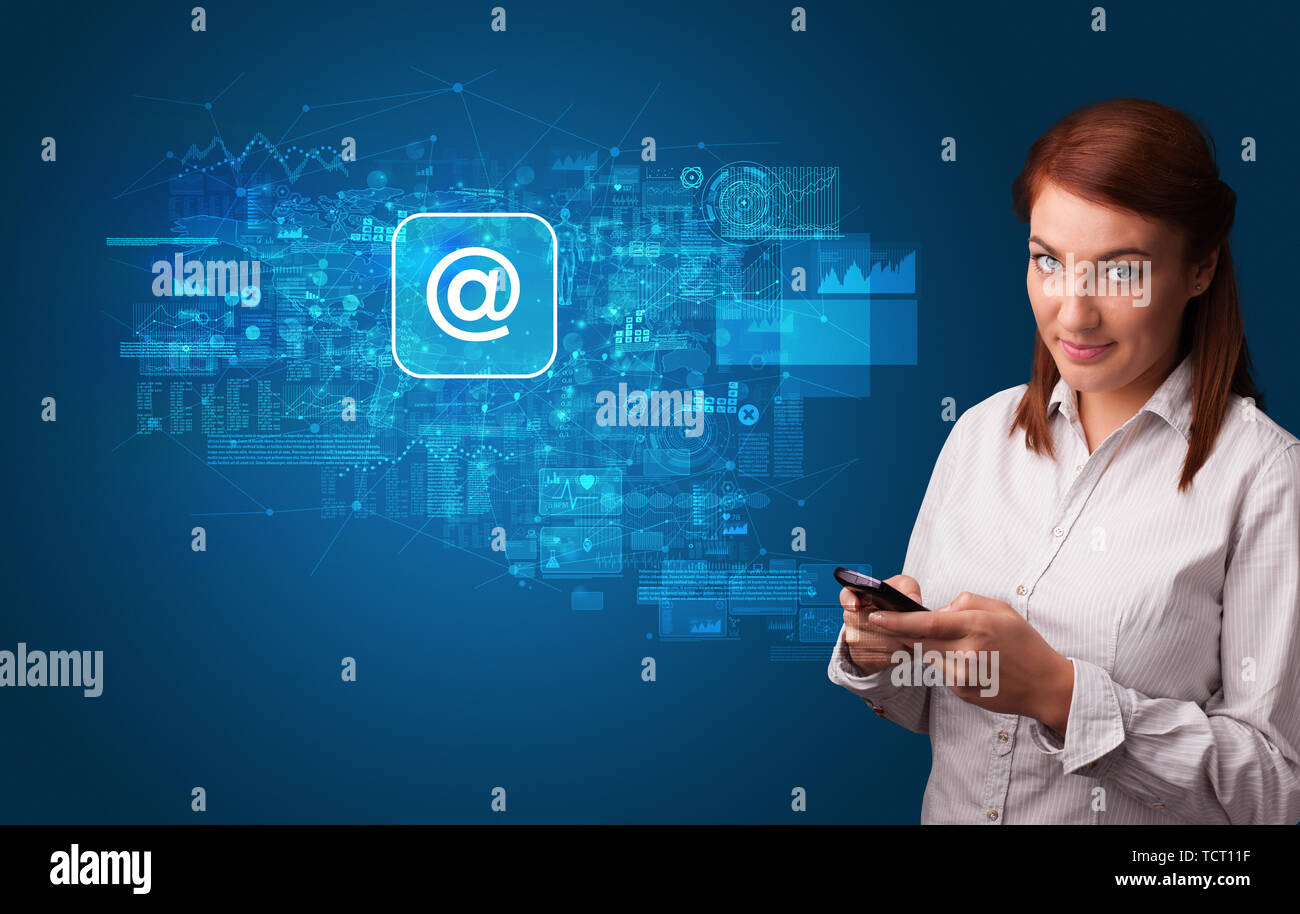 Young person using phone with mail and online communication concept ...