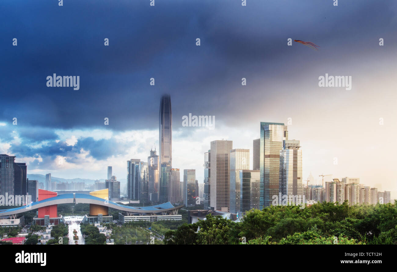 Shenzhen Futian cbd complex colorful sunset sunny building glass ...