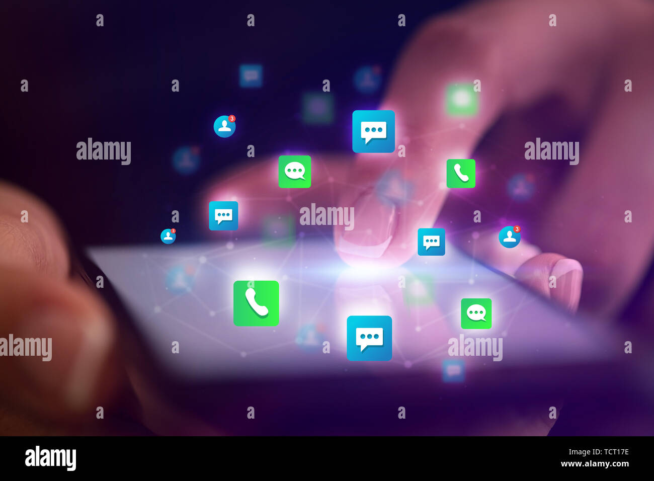 Finger touching phone with friends and contact concept and dark ...