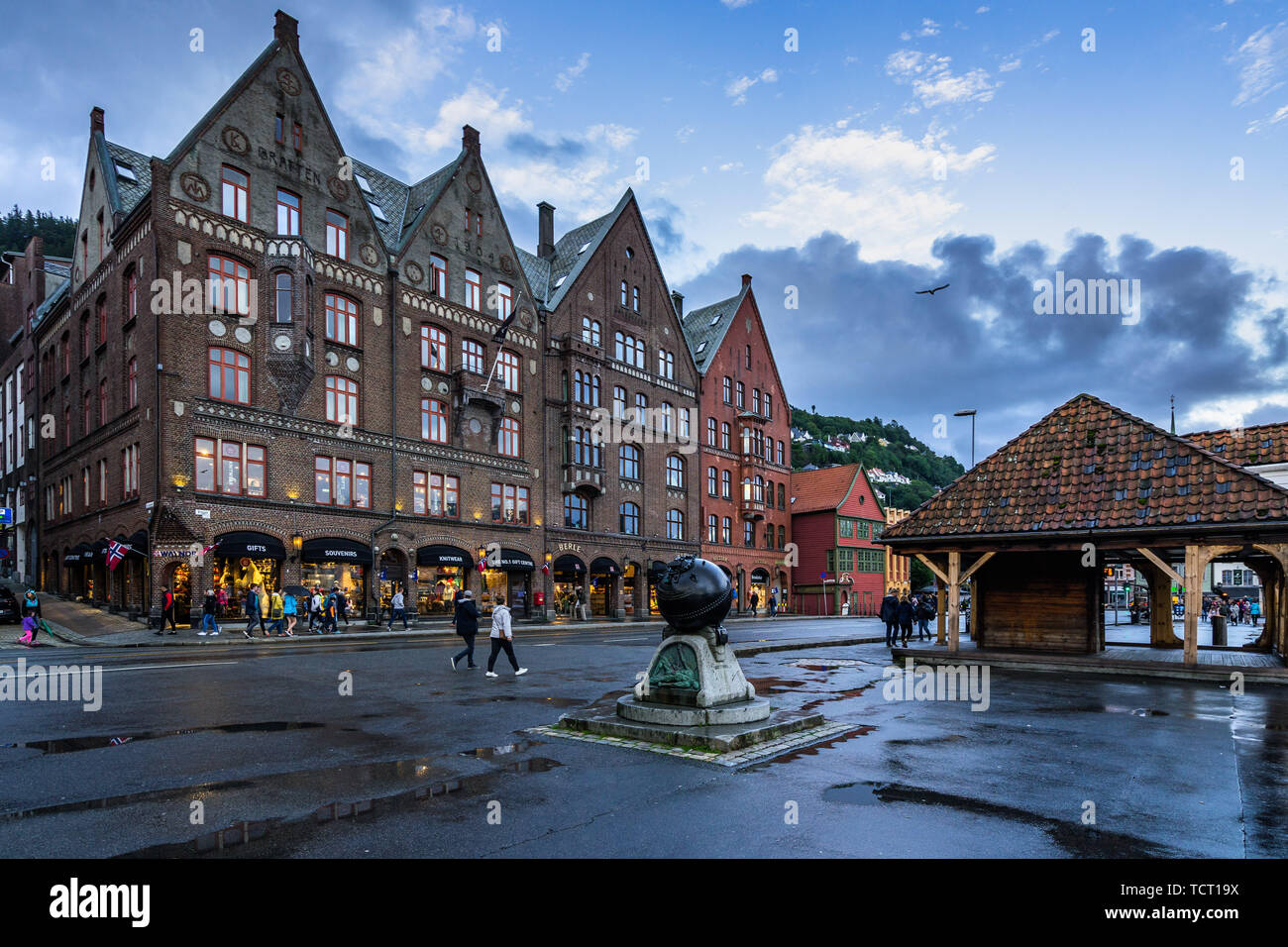 Sunset view of Bryggen waterfront in Bergen with typical hanseatic ...