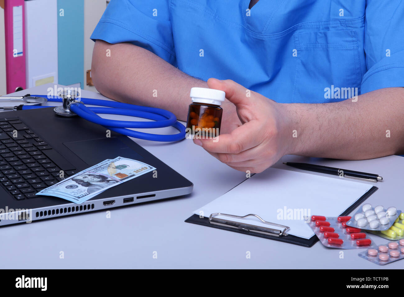 Medical Concept Health Price Dollars With Assorted Pills Doctor