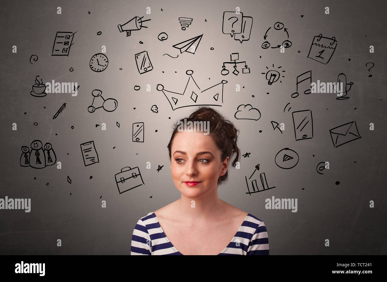 Pretty girl with drawn tasks above her head Stock Photo - Alamy