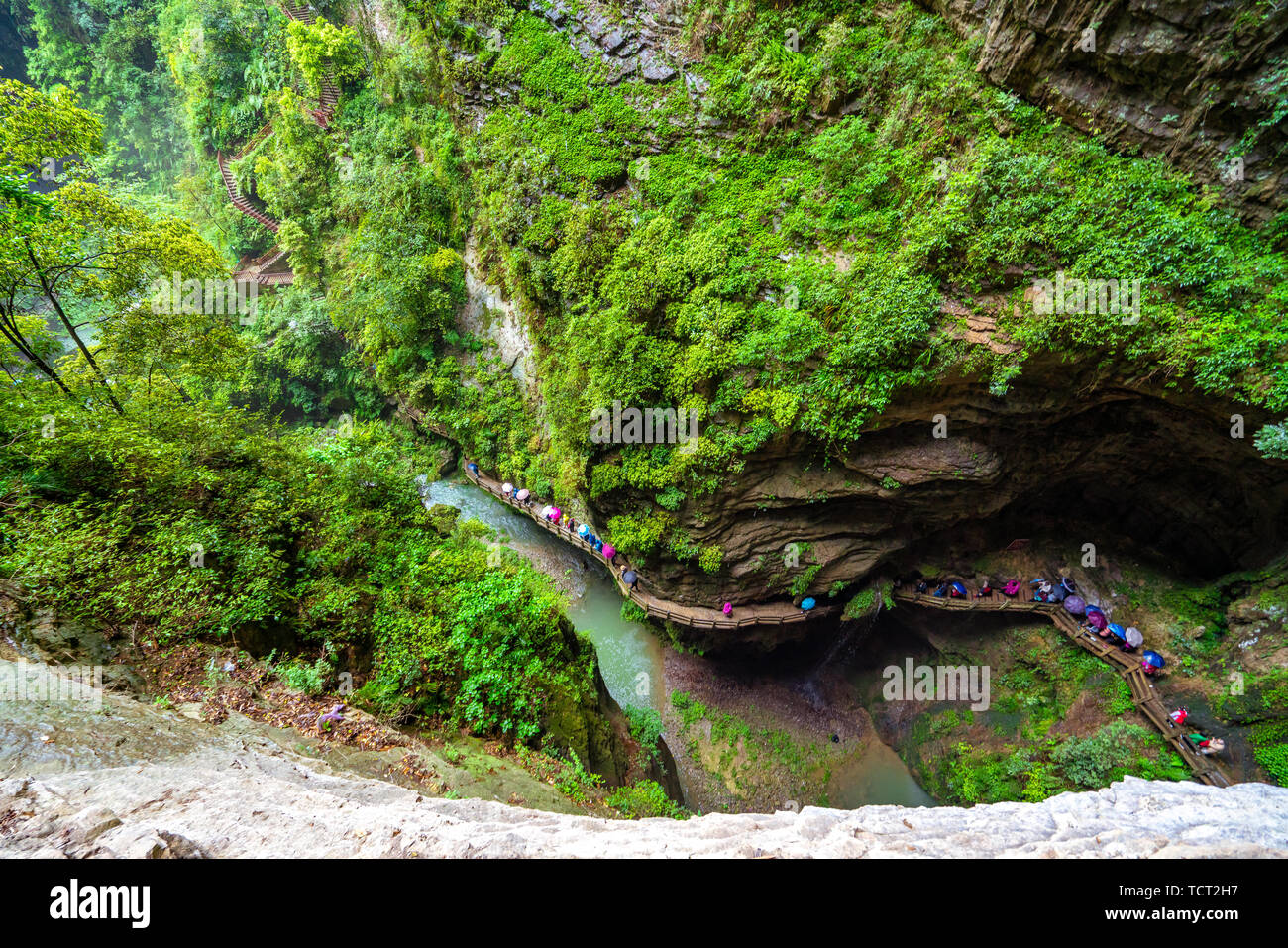 Altitude overlooking canyon walkway An aerial view of the valley Stock ...