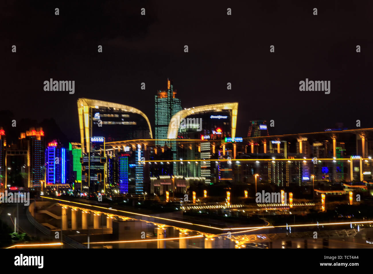 Nanning, city, night view, light rail Stock Photo - Alamy