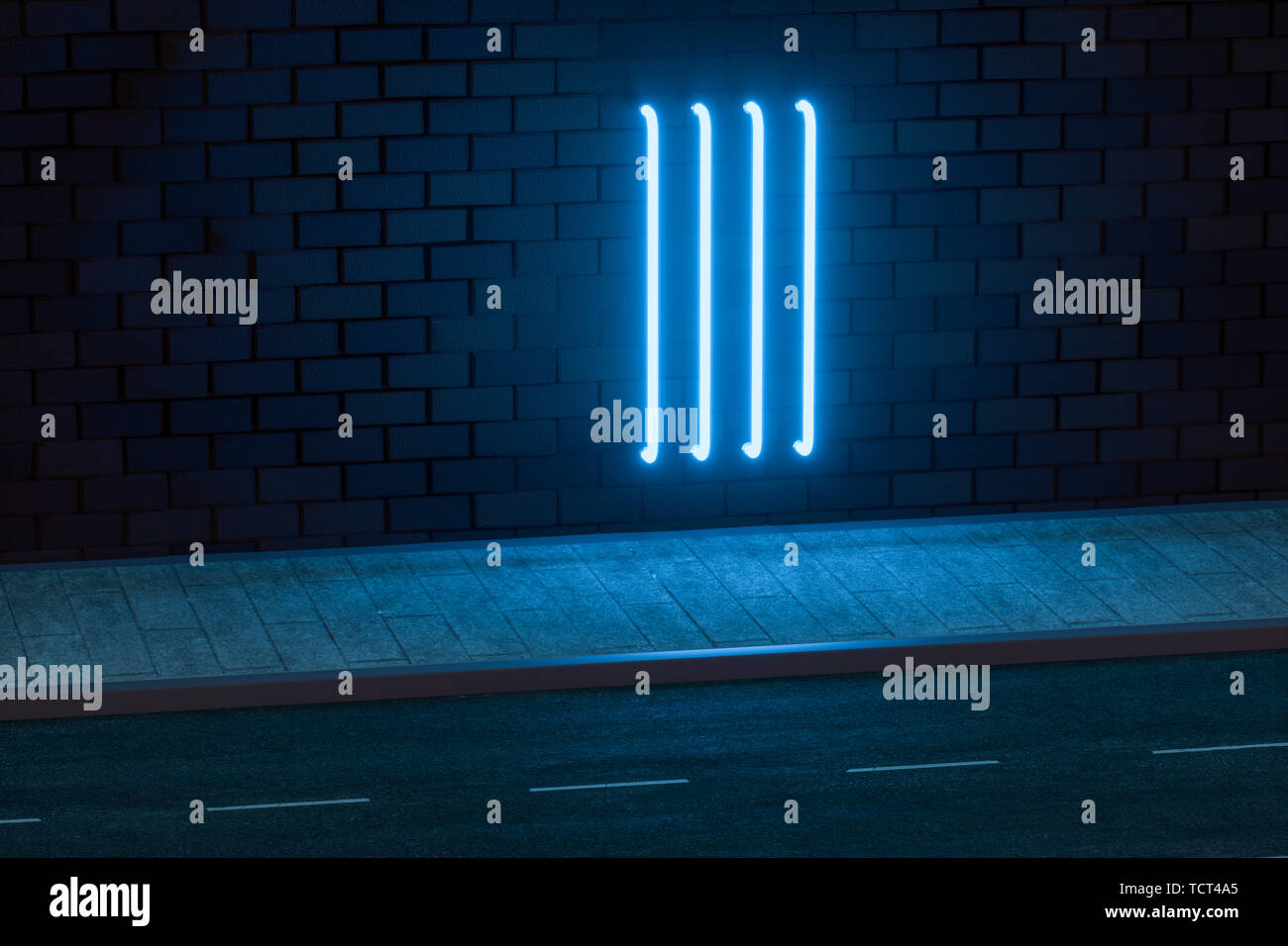 Glowing neon tube on the side of the road with vintage brick wall, 3D ...