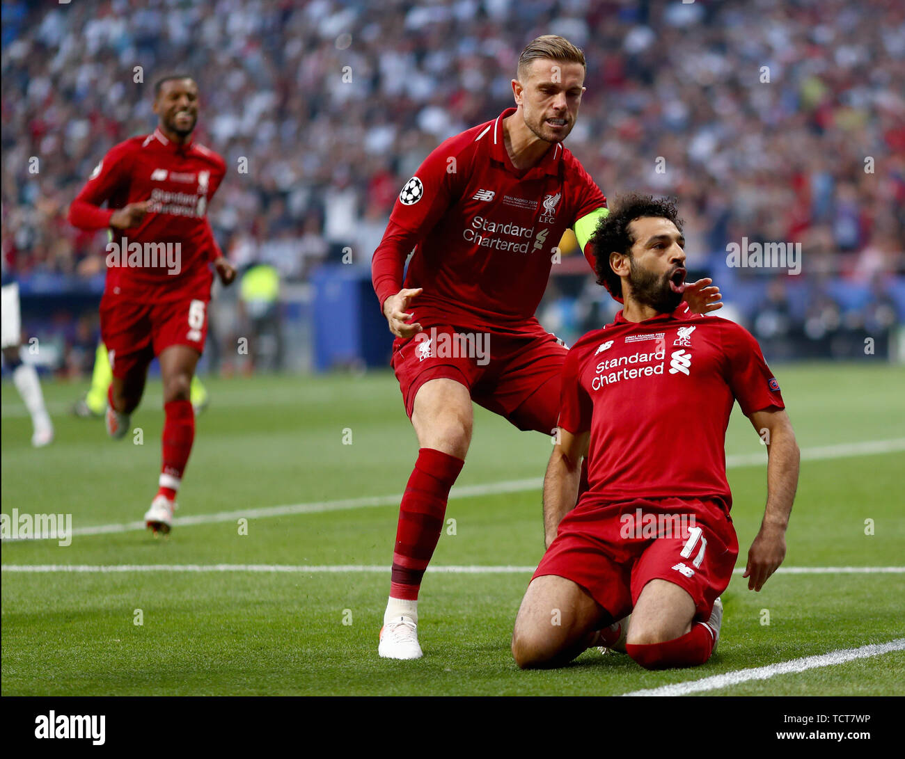 Mohamed Salah of Liverpool celebrates after scoring from the penalty ...