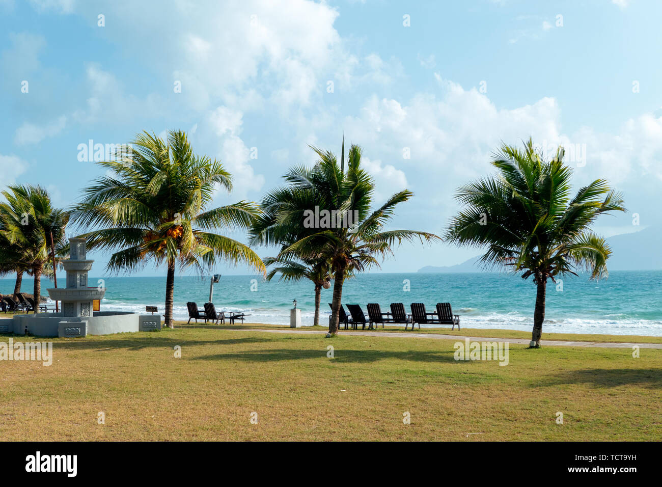 Leisure time at a seaside resort beach chair under a palm tree Stock ...