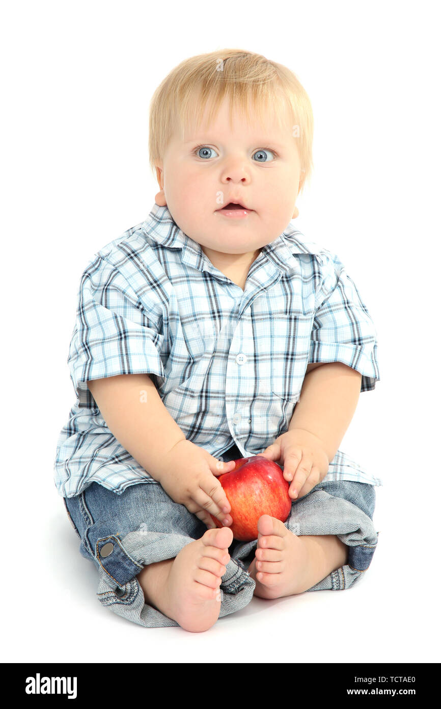 Little boy with red apple, isolated on white Stock Photo - Alamy