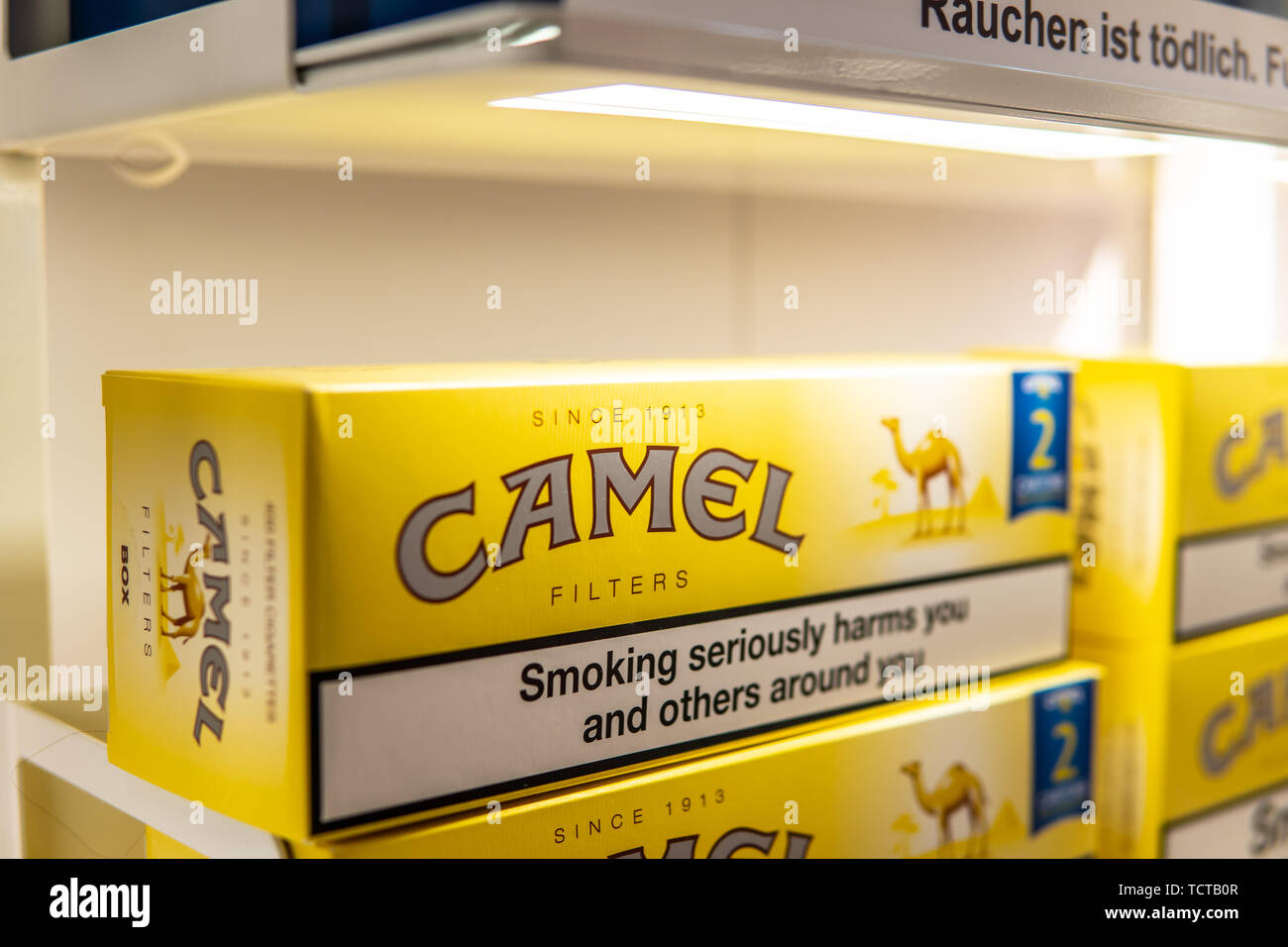 Geneva, Switzerland, March 10, 2019: shelf with Camel cigarettes, Camel ...
