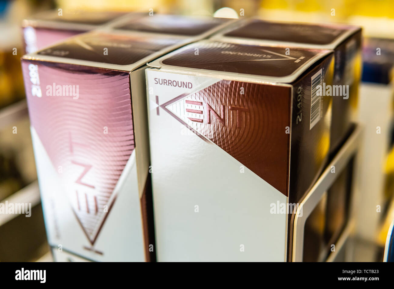 Geneva, Switzerland, March 10, 2019 shelves with pack of Kent ...